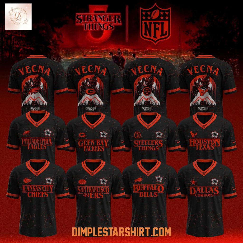 All Team NFL x Stranger Things 5 Football Jersey - Dimplestartshirt